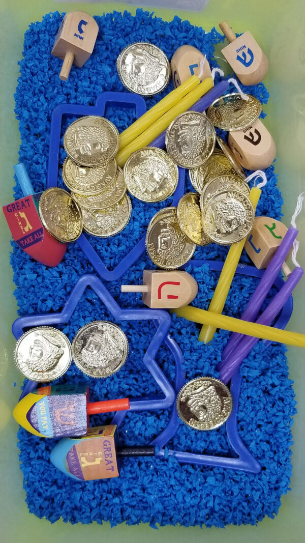 Preschool Activities for Hanukkah - Sensory bin - Jewish Moms & Crafters