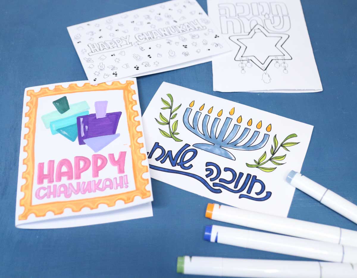 Color-in Hanukkah Cards for Kids & Adults - Jewish Moms & Crafters